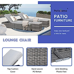 Patiorama 4 Piece Patio Furniture Set, Outdoor Chaise Lounge Chair with Ottoman, All-Weather Grey PE Wicker Rattan Conversation Set, Adjustable Reclining Chaise for Beach Balcony Pool, Light Grey