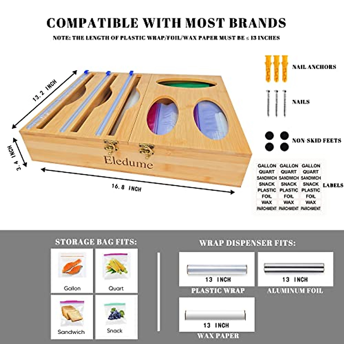 Foil and Plastic Wrap Organizer with Ziplock Bag Organizer, 6 in 1 Plastic Wrap Dispenser with Cutter, Bamboo Ziplock Bag Storage Organizer for Kitchen Drawer, For Gallon,Quart,Sandwich,Snack,13” Roll