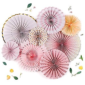 PapaKit Origami Wall Decoration Set (8 Assorted Round Paper Fans) Birthday Party Baby Shower Wedding Events Decor | Creative Art Design Pattern (Sparkling Pink Rose Blush, 8 Piece Set)