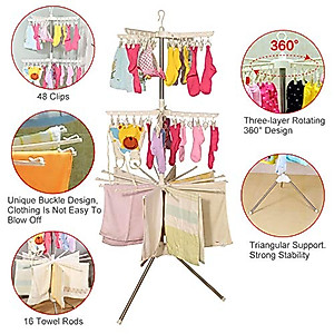 BAOYOUNI Collapsible Clothes Drying Rack 3-Tier Indoor Outdoor Space Saving Stand Hanger with 48 Clips and 16 Towels Bars for Baby Clothes, Cloth Diapers, Socks, Bras, Towels, Underwear (Ivory)
