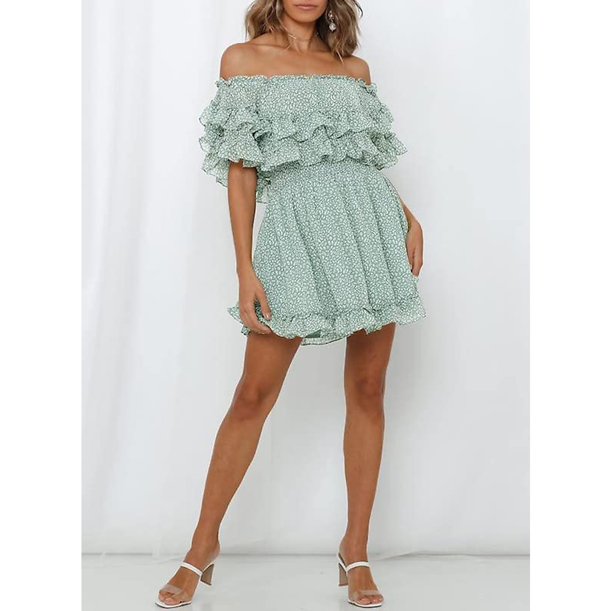 Dokotoo Women's Ladies Dresses Spring Summer Off The Shoulder Elastic Empire Waist Floral Bohemian Ruffle Chiffon Summer Dress for Women Green Large