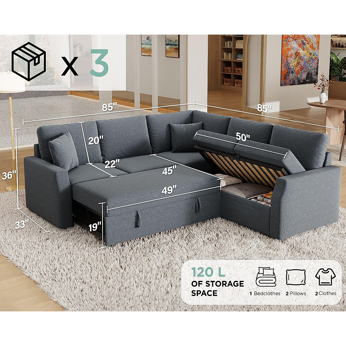 Jocisland Sofa Bed, 85 Inch Sleeper Sofa with Pull Out Bed & Storage Seat, Oversized L Shape Sectional Sofa for Living Room Apartment, Grey Linen Reversible Couch