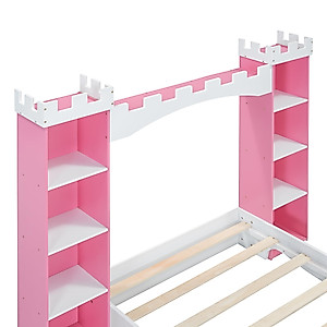 VilroCaz Castle-Shaped Wooden Platform Bed with Storage Shelf, Dreamy Twin Size Kids Platform Bed for Girls Boys Bedroom, Sturdy Slats Support (White+Pink Castle)