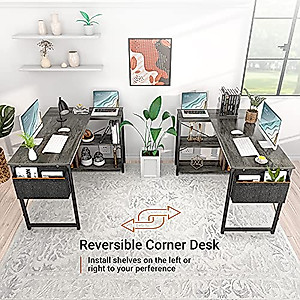 Homieasy Small L Shaped Computer Desk, 47 Inch L-Shaped Corner Desk with Reversible Storage Shelves for Home Office Workstation, Modern Simple Style Writing Desk Table with Storage Bag(Black Oak)