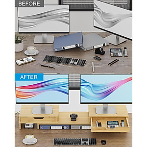 Epesoware Monitor Stand with 2 Drawers for Desk, Bamboo Dual Monitor Riser, Desk Organizer, Monitor Shelf for Computer Laptop Printer, No Assembly Required, Natural