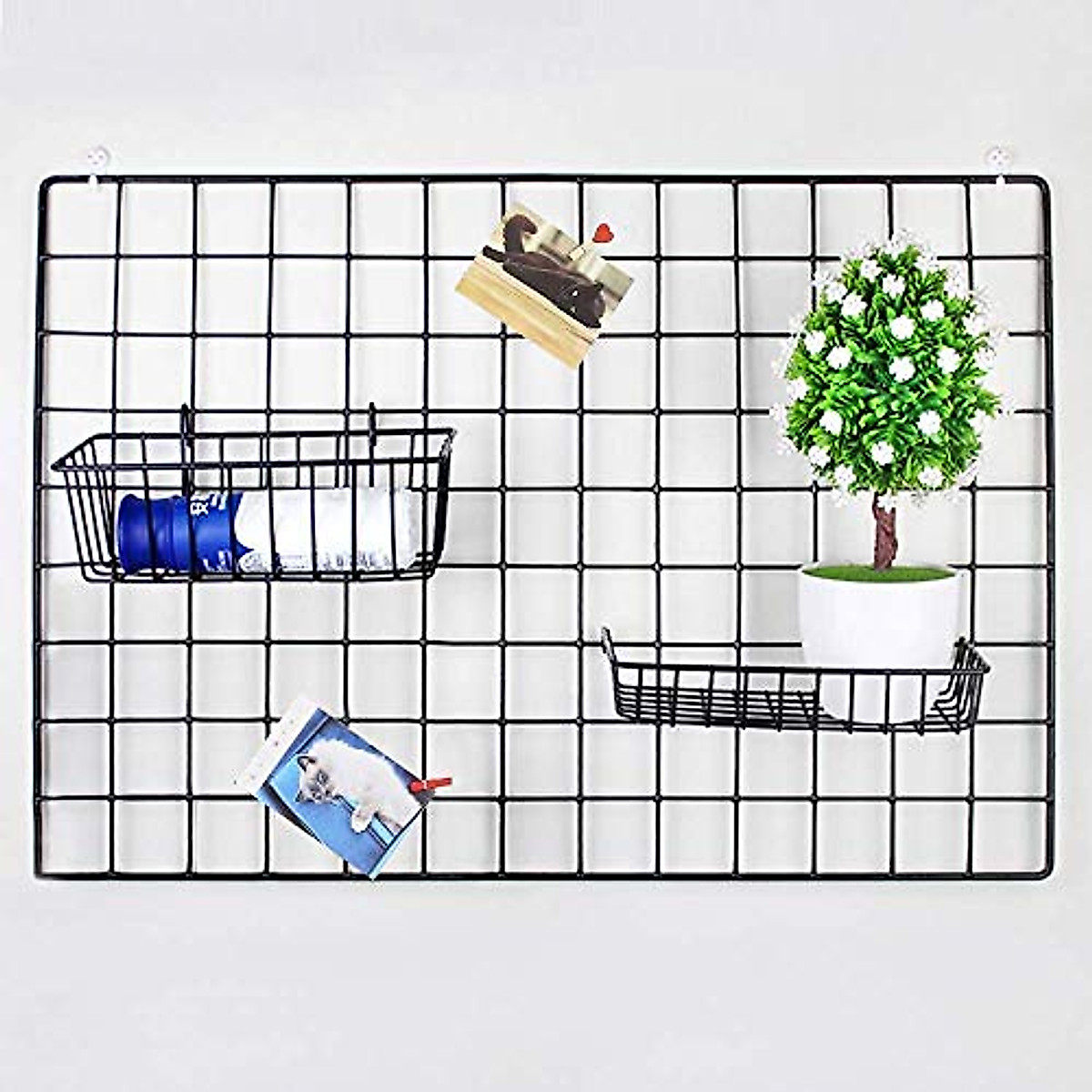 GBYAN 2 Pack Wall Grid Panels with Baskets Photo Display Wire Wall Organizer for Hanging Memo, Picture