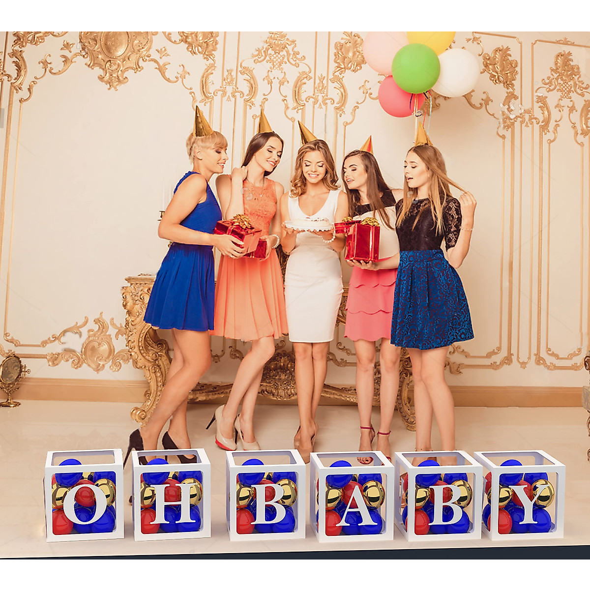 POSHBEBE Baby Shower Decorations for Girl and Boy - 6 Clear Boxes with OH and BABY Stickers - Gender Reveal Transparent Box for Balloons, Birthday, Bridal Shower And Wedding Decorations