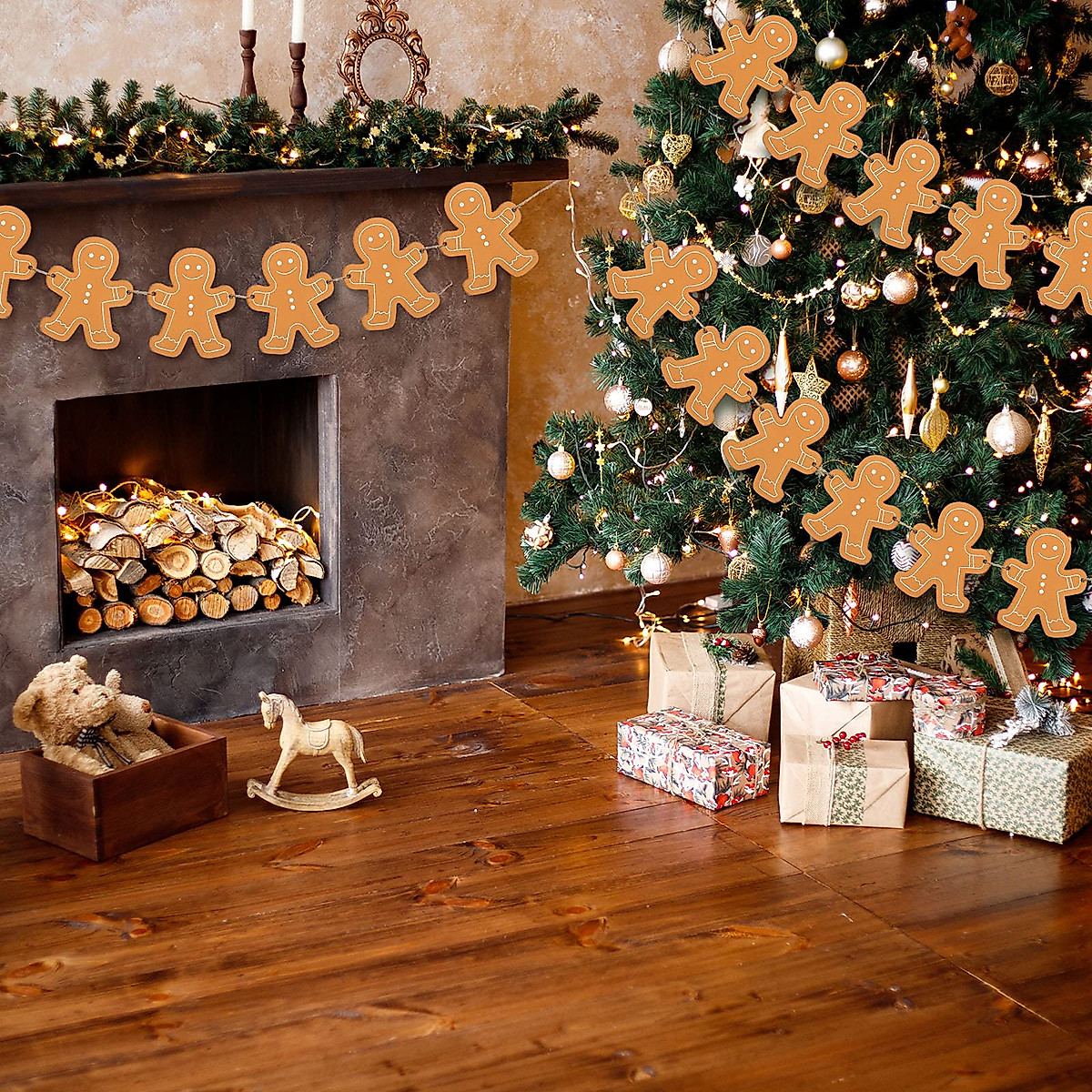 4 Pieces Gingerbread Man Christmas Garland 6.6 Ft Christmas Gingerbread Banner Wooden Gingerbread Men Bunting Banner Cute Wood Christmas Banner Wooden Xmas Wreath Banner for Christmas Tree Decoration