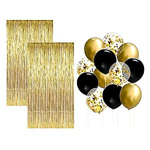 Black and Gold Party Decorations Kit, Gold Foil Fringe Curtain Backdrop, Black and Gold Balloons Set, Graduation Party Decorations 2023, Black and Gold Birthday Party Supplies