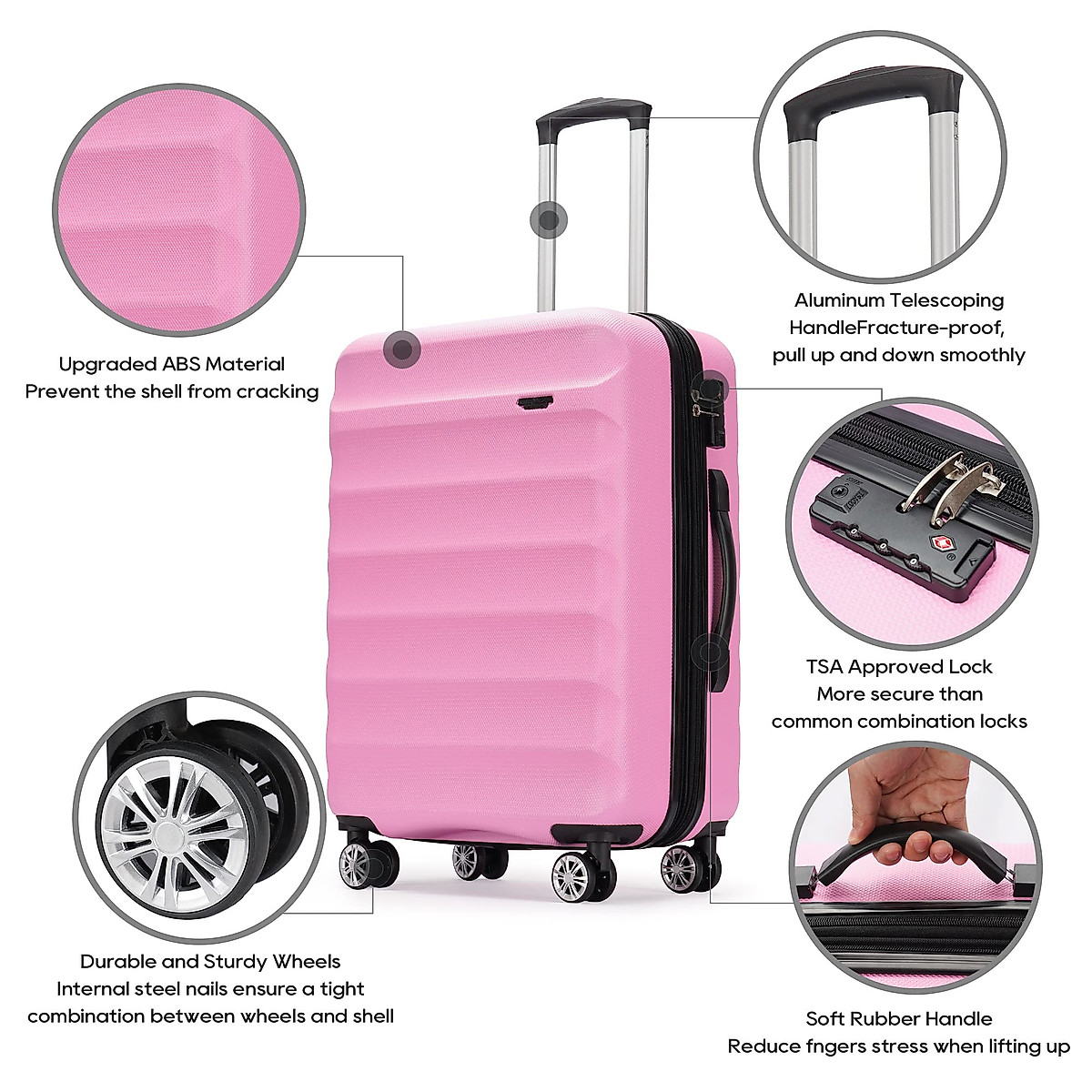 GinzaTravel 2 Piece Anti-Scratch ABS Luggage Set with TSA Lock - 20 inch and 28 inch Lightweight Spinner Suitcases, Expandable, and in Hot Pink