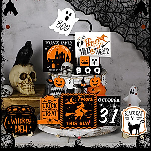19 Pcs Halloween Tiered Tray Decorations Set Halloween Farmhouse Tray Decoration Boo Happy Halloween Wooden Signs Rustic Tiered Tray Decor Items for Home Table Kitchen Party