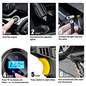 Car Tire Inflator Portable Air Compressor Corded Cigarette Lighter Plug, 7.4V Power 120W Car Air Pump with Digital Display, LED Lights, for Cars