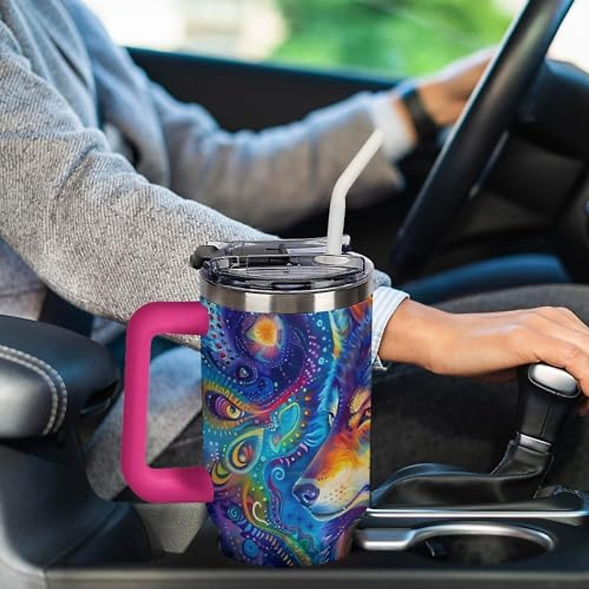 Wolf Insulated Tumbler with Lid And Straw Stainless Steel Travel Coffee Mug 40oz Light Rose Red-style