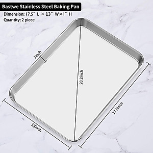 Baking Sheet Set of 2, Bastwe 18 inch Commercial Grade Stainless Steel Baking Pan, Professional Bakeware Oven Tray, Healthy & Non-toxic, Rust Free & Mirror Finish, Easy Clean & Dishwasher Safe