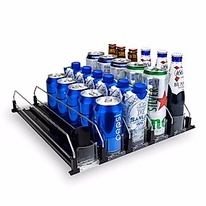 Drink Organizer for Fridge, Self-Pushing Soda Can Dispenser for Refrigerator,Width Ajustable,Beer Pop Can Water Bottle Storage for Pantry, Kitchen(Black, 5 Row)