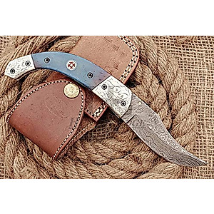 HUNTEX Custom Handmade Hand-Forged Twist Pattern Damascus Steel 4 Inch Long Natural Tinted Camel Bone Handle Razor Sharp Hunting Camping Folding Pocket Trailing Knife with Genuine Leather Pouch