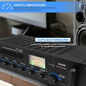 PyleHome 5-Channel Home Audio Power Amplifier - Mixer w/ 70V Output - 600 Watt Rack Mount, Headphone, Mic Talkover for PA System Great for Commercial Entertainment Use -Pyle PT610