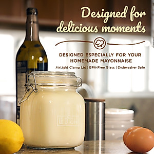 Le Dish Wide Mouth Mason Jar 32 oz | Homemade Mayonnaise Jar with Recipe - Airtight 32 oz Mason Jar with Lid - Large Glass Jar Wide Mouth for Mayonnaise, Canning, Fermenting & Pickling