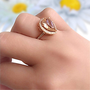 Halo Teardrop Pear Simulated Morganite Bridal Ring Rose Tone Plated 925 Sterling Silver, Size-6