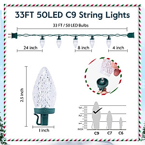 Brightown C9 LED Christmas String Lights, 33ft 50 LED Waterproof Strawberry String Lights, Extendable Green Wire Lights String for Outdoor Indoor Patio Party Decoration, Blue and White