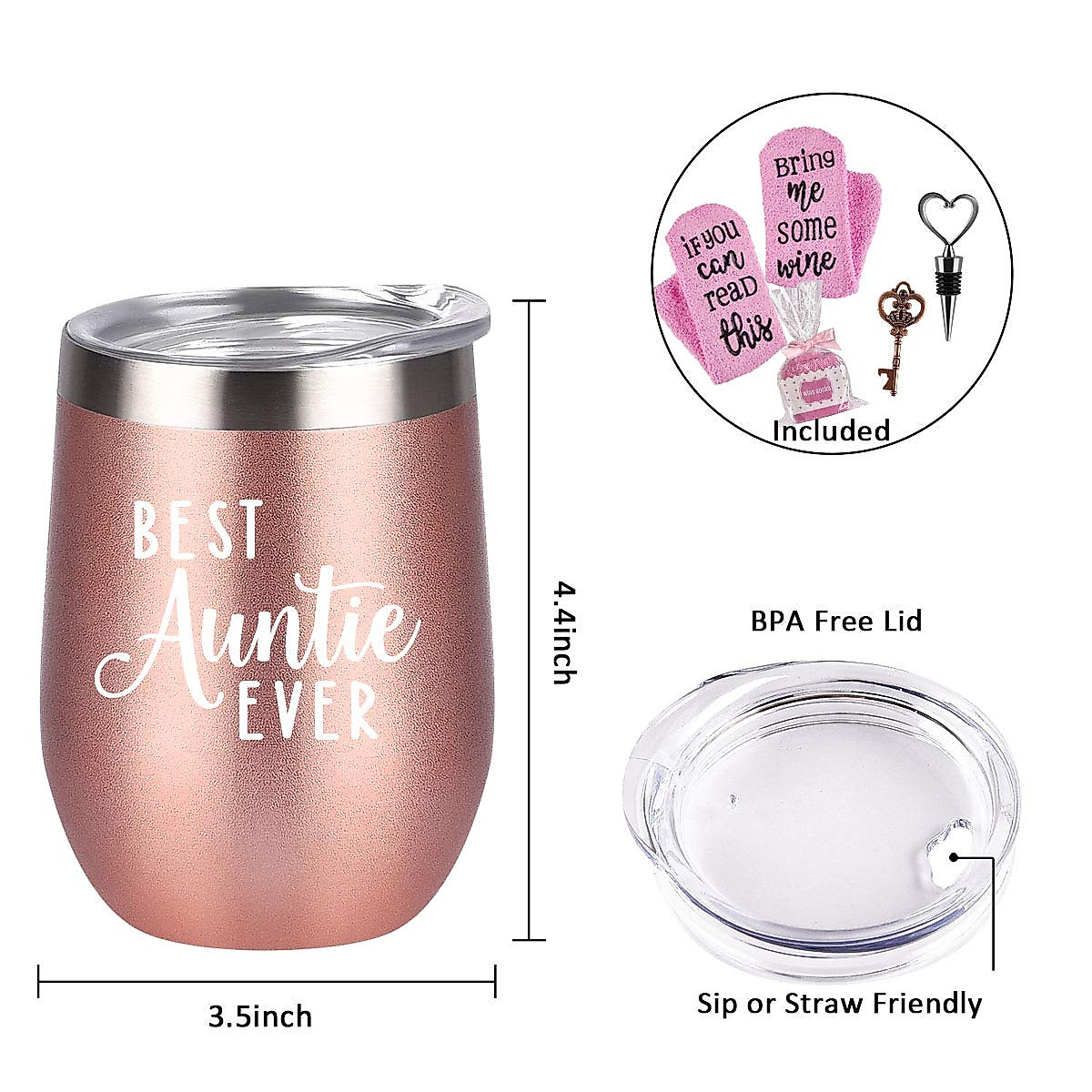 Gingprous Best Auntie Ever Wine Tumbler Wine Socks Set, Funny Auntie Gift for Aunt for Mother’s Day Birthday Christmas, 12Oz Stainless Steel Wine Tumbler with Lid and Socks, Opener, Stopper, Rose Gold