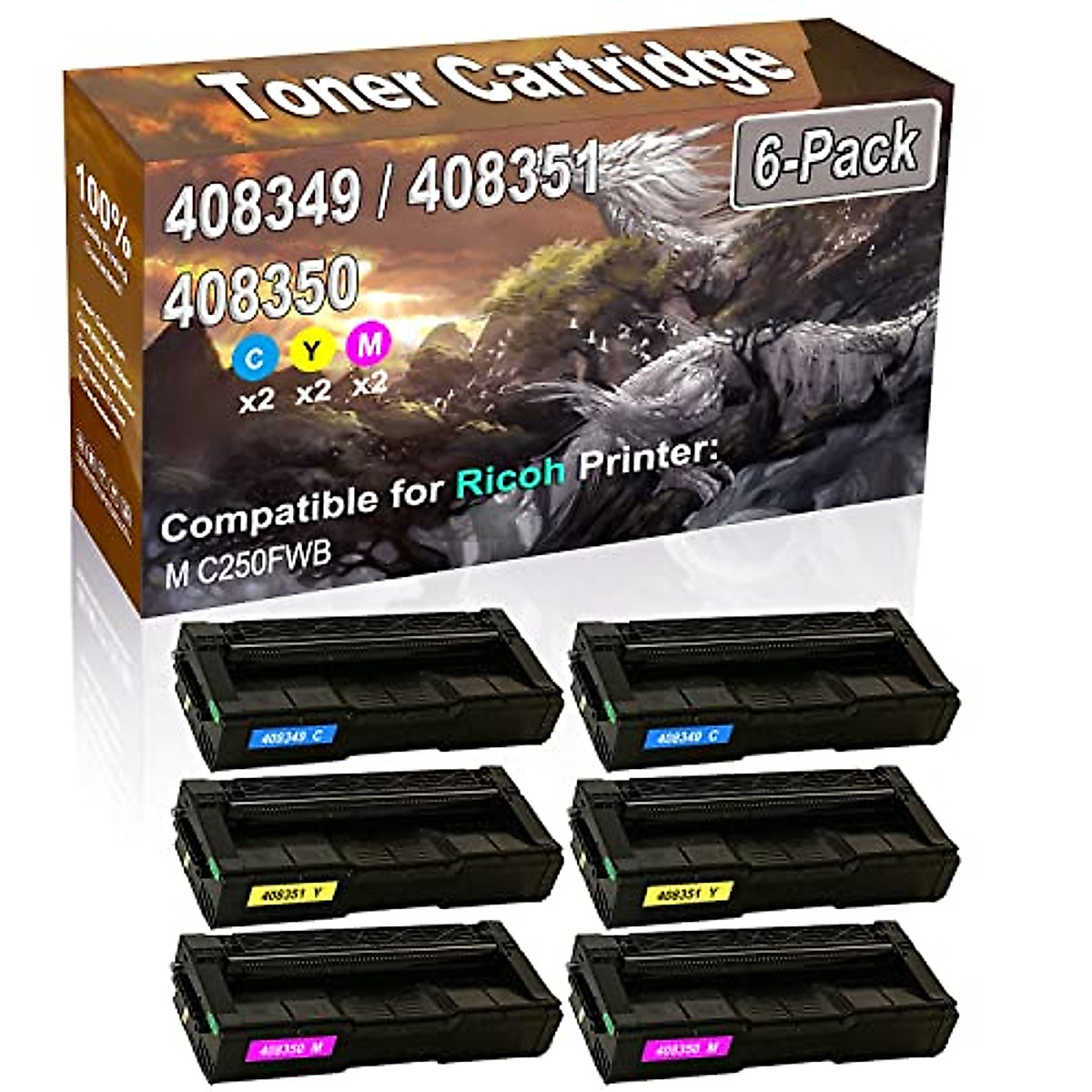 6-Pack (2C/2Y/2M) Compatible High Capacity M C250 (408349 408351 408350) Imaging Toner Cartridge Used for Ricoh M C250FWB Printer