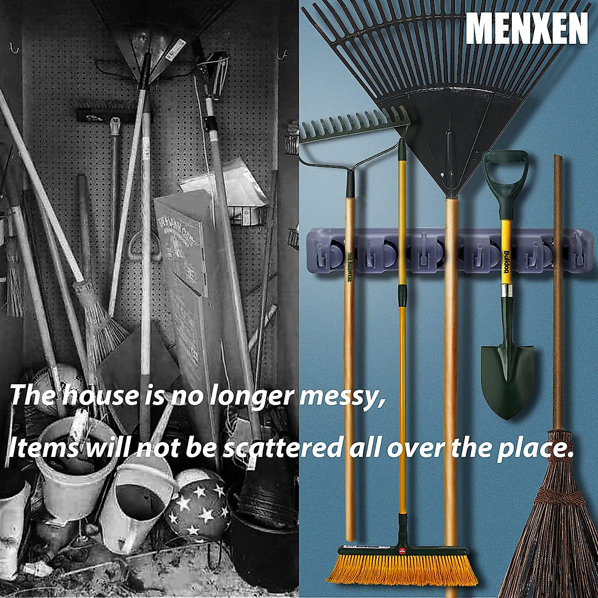 MENXEN Mop and Broom Holder, Wall Mount Garden Tool Organizer, Home Organization Rack and Garage Organizer, 5 Position with 6 Hooks (Grey)