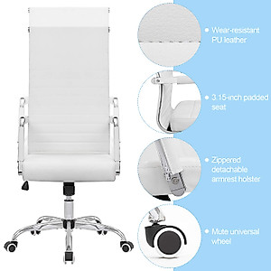 KaiMeng Ribbed Office High Back PU Leather Desk Adjustable Swivel Task Computer Chair with Armrest for Conference Study Leisure, White