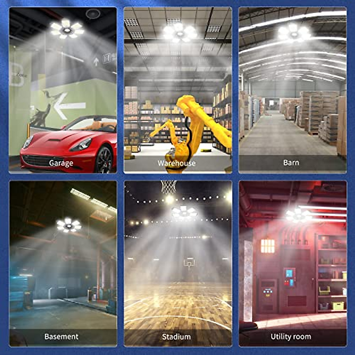 SILIVN 2 Pack LED Garage Lights, 180W Ultra Bright Deformable LED Garage Ceiling Lights with 7 Adjustable Panels, 15000LM E26/E27 LED Shop Lights for Garage, Workshop, Basement, Attic