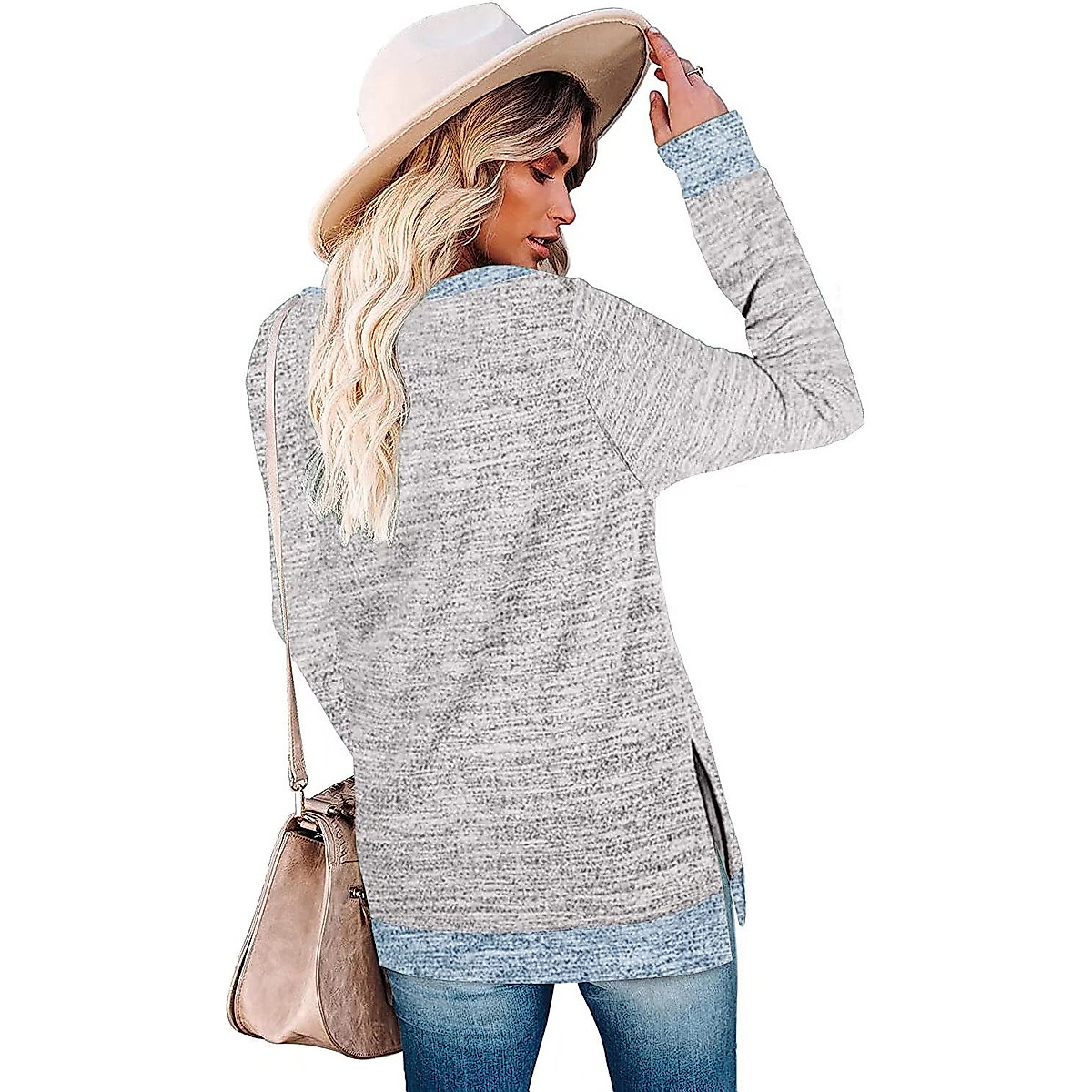 WELINCO Women's Long Sleeve Loose Casual Fall Pullover Side Split Tunic Tops Grey Large
