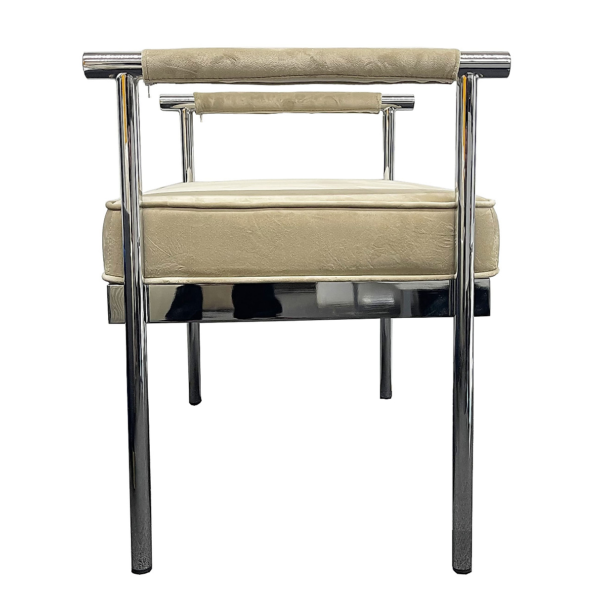 First of a Kind Modern champagne Seating Bench with arms, Modern Style Velvet upholstered Entry Way champagne Bench with Silver Frame, Seating Bench for Living Room, entryway, Bedroom, Vanity, Office.