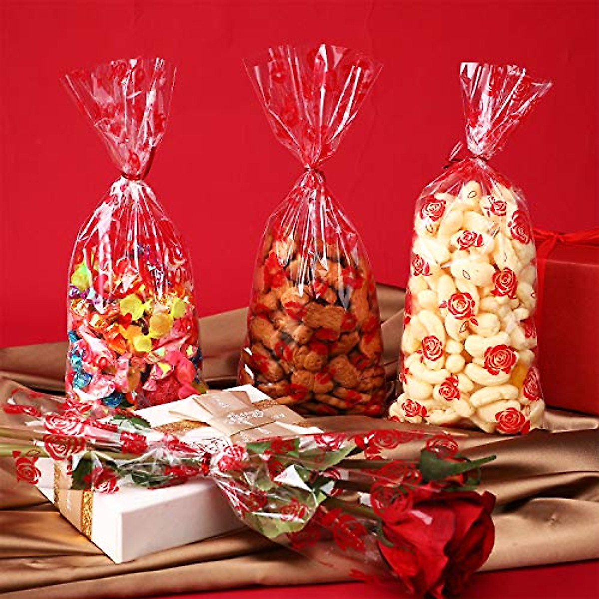 150 Pieces Valentine Cellophane Bags Treat Bags Goodies Bags Candy Bags with 150 Pieces Twist Ties for Valentine's Day Party Favor Supplies (Lip, Rose and Happy Valentine's Day Design)