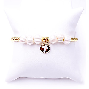 LESLIE BOULES 18K Gold Plated Round Cross Pendant Baroque Bracelet for Women Catholic Jewelry