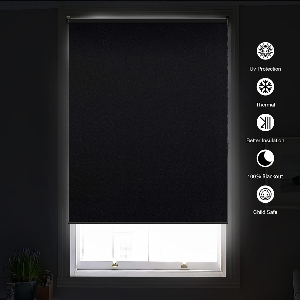 LINKCOO 100% Blackout Roller Window Shades, Room Darkening Window Blinds with Thermal Insulated Fabric, Corded Roll pull down shades for home and office (Black - Width 20", Max Drop Height 79")