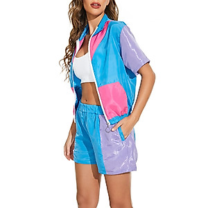 Yisfri Women's Vintage 80s 90s Style 2 Piece Outfit Short Sleeve Zip Front Windbreaker Tracksuit Themed Party Workout Set (Blue, XXXL)