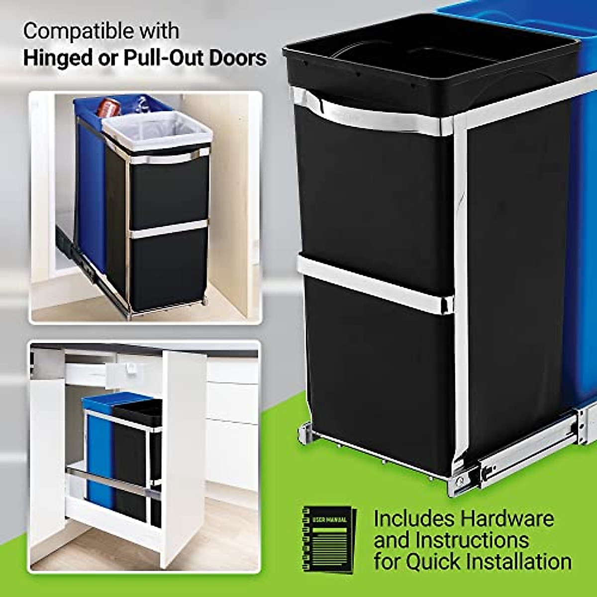 AdirHome 36-Liter Dual-Compartment, Under-Counter Trash Can and Recycling Bin Unit - Metal Sliding Shelf with 2 Garbage Bins for Kitchen & Pantry Under Cabinets Compatible with Hinged or Pull Out Door