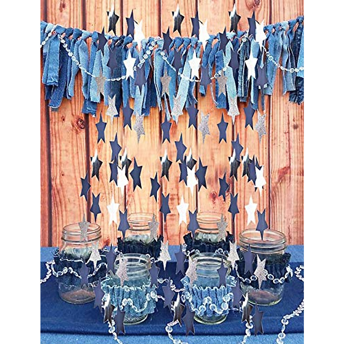 Navy Blue Glitter Silver Birthday Party Decorations Outer Space Decorations 2pcs Navy Blue Glitter Silver Paper Star Garlands Star String for Baby Shower Decorations