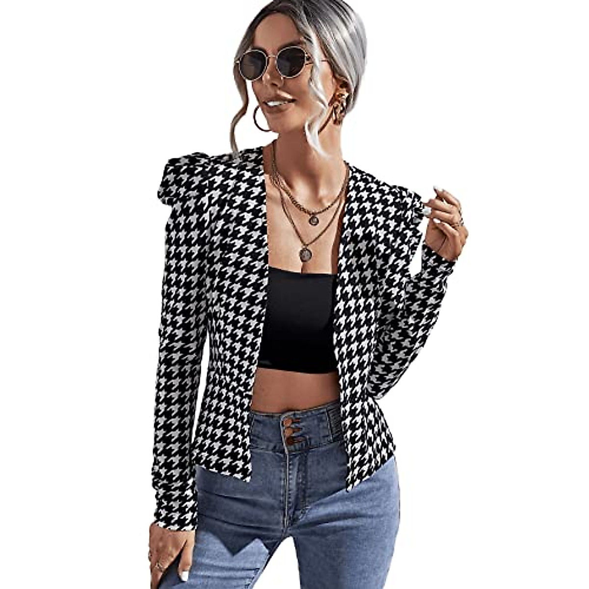 SweatyRocks Women's Casual Houndstooth Blazer Long Puff Sleeve Open Front Jacket Black White M