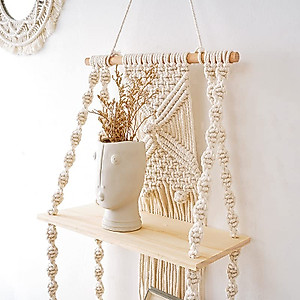 JnnRain Macrame Shelf Wall Hanging Beige Shelves White Decor Plants Home 2D x 1W x 1H in