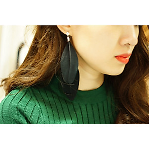 Handmade Black feather earrings for women Natural Goose native super Light Antique earrings (Black)