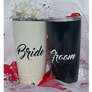 YETI Rambler 20 Oz Tumbler, Stainless Steel, with Lid, Wedding Set, Bride and Groom, (Gloss Black and Pearl White)