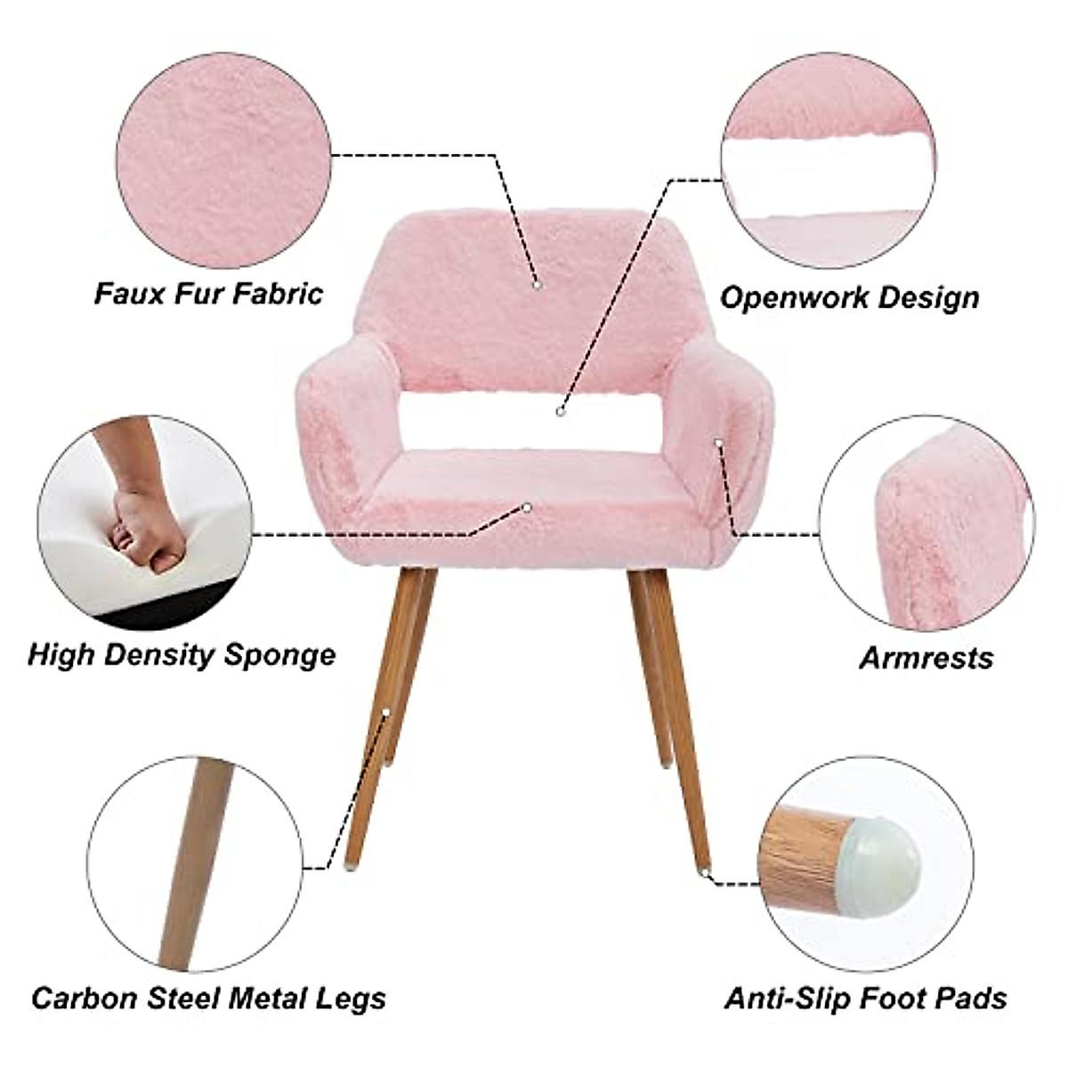Faux Fur Chair for Bedroom Mid Century Modern Desk Living Room Chairs with Armrest, Sherpa Accent Dining Chair, Comfy Armchair with Metal Legs, Home Girls Vanity Makeup Study Office Desk Chair (Pink)