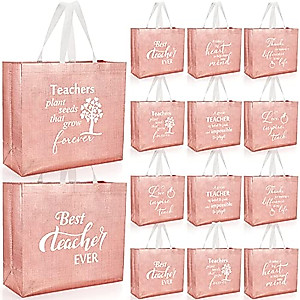 12 Pcs Glossy Teacher Appreciation Gift Bag Teacher Non Woven Metallic Tote Bags Large Reusable Teacher Bag with Finish for Teachers Day Back to School End of Semester Gifts (Rose Gold)