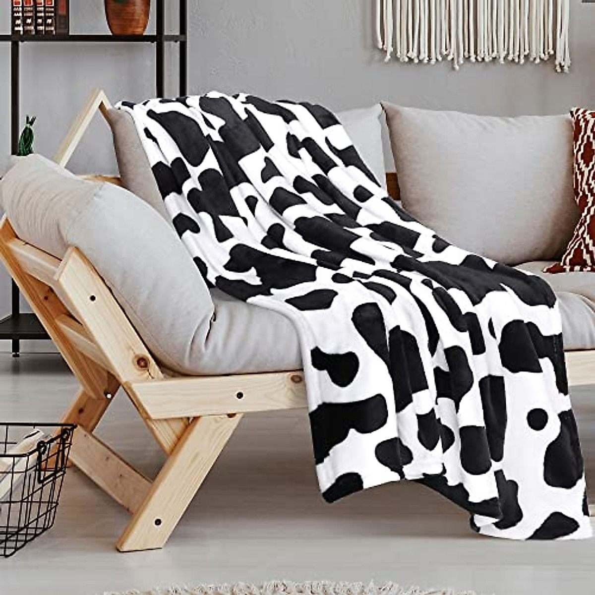 PiccoCasa Cow Printed Blanket, Soft 300GSM Fleece Flannel Throw Blanket Lightweight Cute Comfy Warm Cow Texture Black and White Cowhide Blankets for Couch Sofa Bed Office 39" x 51"