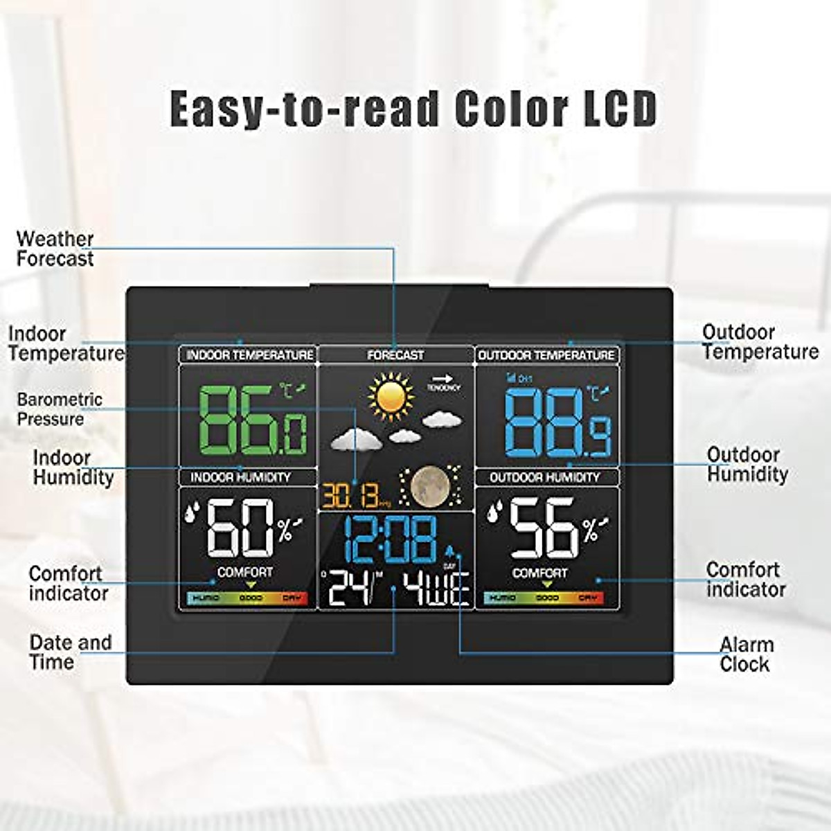 Geevon Weather Station Wireless Indoor Outdoor Thermometer, Color Large Display Weather Thermometer with Alert, Comfort Level, Barometric Pressure, Alarm Clock, Easy to Set and Tabletop Stand