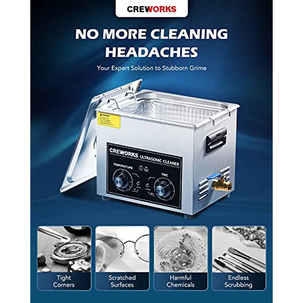 CREWORKS Ultrasonic Cleaner with Heater and Timer, 2.6 gal Digital Sonic Cavitation Machine, 240W 10L Stainless Steel Jewelry Cleaner for Professional Tool Watch Glasses Retainer Denture Coin Cleaning