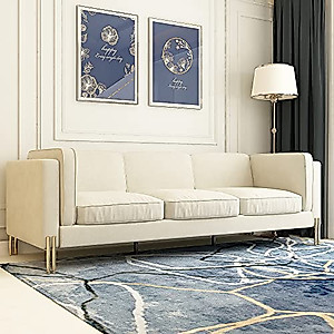 Hommoo 94" W 3 Seat Couch Mid Century Velvet Sofa with Metal Gold Legs Chesterfield with Removable Cushion Comfortable Sofa Couch for Small Apartment Living Room Bedroom Beige