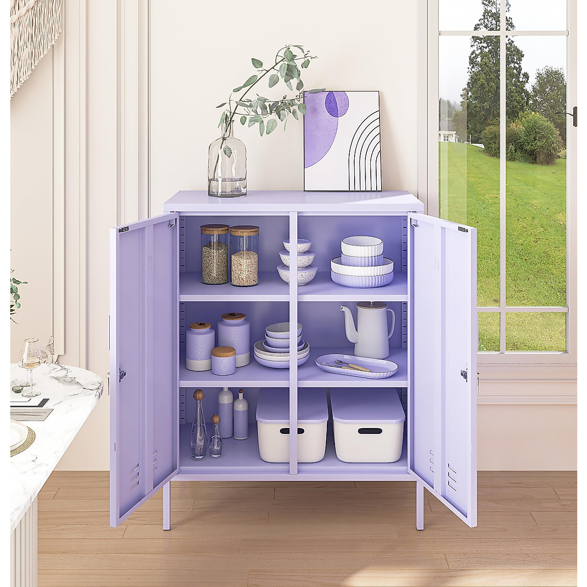 Aiasuit 2 Doors Lockable Metal Storage Cabinet 3 Tiers Shelf Multifunctional Storage Organizer Detachable Shelves Easy to Assemble Purple Size: 39.37”H x 31.5”W x 14.96”D