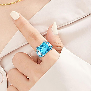HSQYJ Luxury Big Square Blue Crystal Wedding Ring Zirconia Rhodium Plated Cocktail Ring Exaggeration Engagement Charm Statement Jewelry Finger Rings for Women Gift
