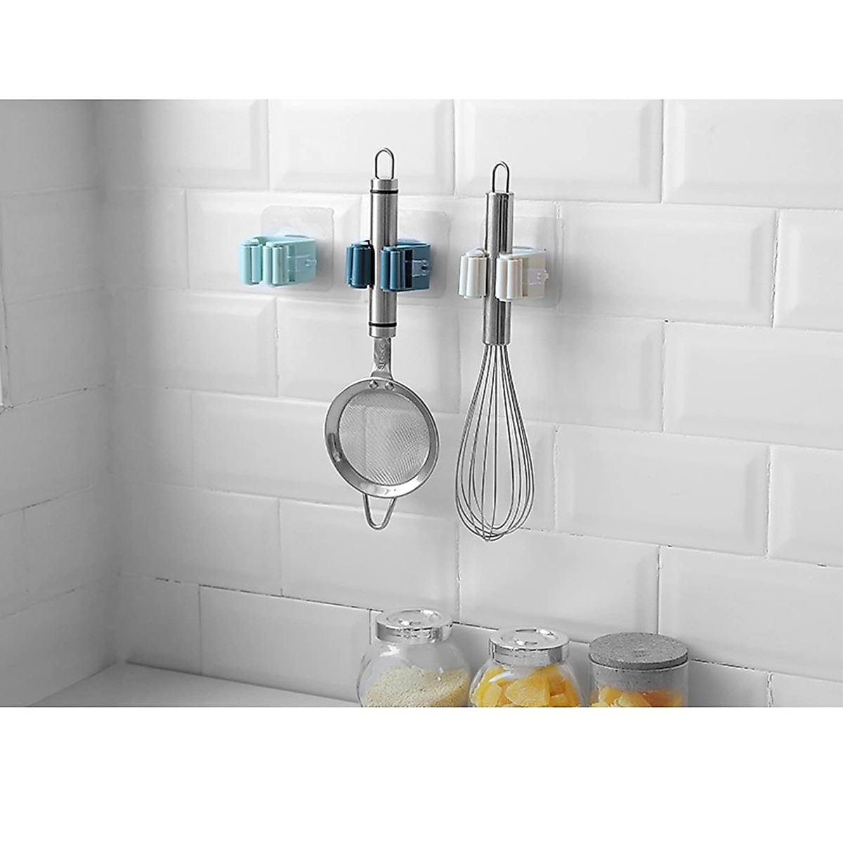 plplaaoo Broom Holder,Wall Mounted Mop Storage Rack Clamp, Broom Gripper Holds Self Adhesive for Smooth Wall and Ceilings, Glass, Metal, Wood, Ceramics, for Bathroom Kitchen Garden Light Green, b